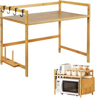 Generic Zweist&ouml;ckiges Mikrowellenregal aus Bambus mit 4 Haken und Schneidebrettablage, verstellbar, robust, multifunktional, rustikal, Landhausstil, minimalis