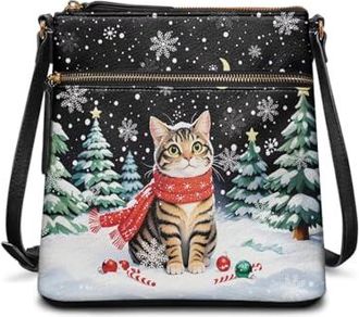 Coloranimal Sac &agrave; bandouli&egrave;re en cuir pour femme avec fermeture &eacute;clair, sac &agrave; main tendance et l&eacute;ger avec plusieurs poches, Chat de No&euml;l
