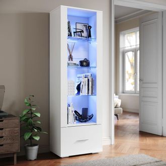 Sonni Sonni - sirhona led Armoire vitrine 4 compartiments avec tiroir Biblioth&egrave;que haute brillance pour salon, chambre &agrave; coucher, blanc 55x35x172cm