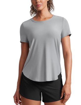 CRZ YOGA Damen Cloudweight Kurzarm Shirts Seitlicher Schlitz Workout Tops Athletic Gym Leicht Crewneck T-Shirts Silber grau 44