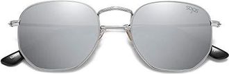 Sojos Lunettes de Soleil Moderne Géométrique Métal Temples Minces Polarisé Lentille Plate Hexagonal pour Femmes et Hommes SJ1072 Avec Argenté Cadre/Argenté 