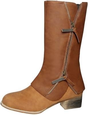 Generic Bottes Mi-Mollet pour Femme Talon Bloc Bout Rond en Simili Cuir R&eacute;tro Tendances Bottes De Cowboy avec Fermeture &Eacute;clair Chaussures Femme D&eacute;contract&eacute;e A