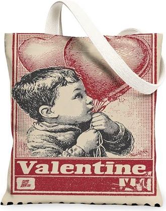 Generic Valentine Hearts Sac fourre-tout en toile r&eacute;utilisable Motif amour r&eacute;tro Sacs d&eacute;picerie l&eacute;gers lavables en toile pour, beige, 13x15 Inch