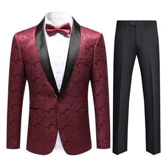 AlltheMen Costume Jacquard Homme 2 Pi&egrave;ces Elegant Chic Smoking &agrave; Un Bouton &agrave; Col Ch&acirc;le Soiree Veste et Pantalon Rouge L