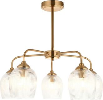Endon Lighting Ashcroft Suspension multi-bras côtelée, plaque en laiton vieilli brossé et verre strié transparent, 5 ampoules E14