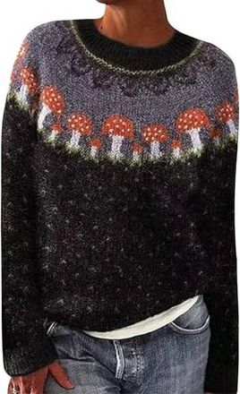 Generic Pull Norv&eacute;gien Femme dhiver Chaud &Eacute;l&eacute;gant Pull Over Tricot&eacute; Col Rond Manche Longue Sweater Tops Vintage &Agrave; Motif Tunique Oversize L&eacute;ger Confortable Vet