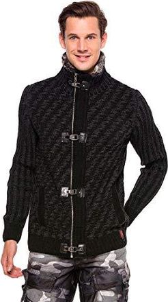 Cipo & Baxx Cardigan en tricot pour homme avec col montant et fourrure - Gris - X-Large