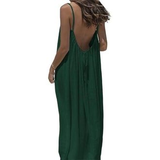 Generic Robe caraco dos nu pour femme, robe caraco dos nu, couleur unie, sans manches, avec noeud dans le dos, vert fonc&eacute;, 5XL