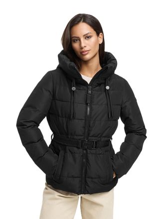 Marikoo Damen Winterjacke (XS-XXL) - gesteppt, mit Kapuze, Tailleng&uuml;rtel - N073 - Schwarz Gr&ouml;&szlig;e XS - Gr.XS