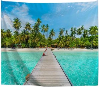 A.Monamour Wanddekor Wandteppiche Tropische Insel Malediven Palme Blauer Himmel Holz Brücke In Den Ozean Meer Strand Küste Natur Landschaft Bild Polyester Stoff 