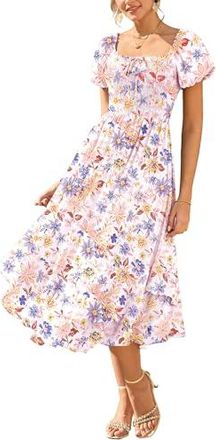 Grace Karin Robe d&eacute;t&eacute; en mousseline de soie &agrave; manches bouffantes et col carr&eacute; pour femme - Robe longue pour mariage et plage, Motif fleurs color&eacute;es, M