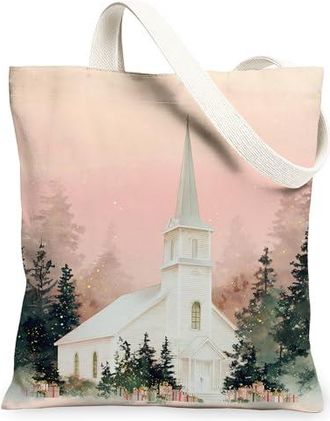 Generic Sacs fourre-tout en toile d&eacute;glise dhiver, motif sc&egrave;ne d&eacute;glise artistique, sacs d&eacute;picerie r&eacute;utilisables, vintage, l&eacute;gers, lavables, P&ecirc;che, 13x15 Inch