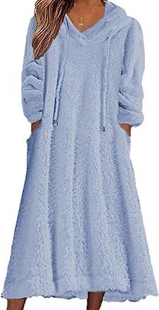 TOMWELL Robe Longue Femmes Automne Hiver L&acirc;che en Peluche &agrave; Capuche Casual Robe &agrave; Capuche Col Rond Manche Longue Couleur Unie Casual Pullover Robe A Bleu XXL