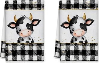 Generic Kuh-K&uuml;chent&uuml;cher, rustikales B&uuml;ffelkaro, goldene Akzente, schwarz, weiche Geschirrt&uuml;cher zum Trocknen von Geschirr, K&uuml;chenutensilien, 40,6 x 61 cm, 2 