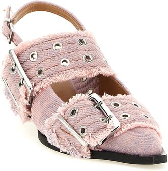 Ganni Buckle-Trimmed Fringed Denim Slingback Heel - Pink