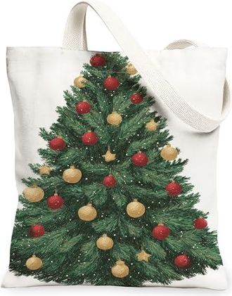 Generic Sac fourre-tout en toile motif sapin de No&euml;l, sacs de courses r&eacute;utilisables, l&eacute;gers et lavables avec bandouli&egrave;re, blanc, 13x15 Inch