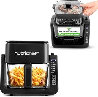 Nutrichef NutriChef 4L Airfryer & Elektrogrill - 7-in-1 Glas Hei&szlig;luftfritteuse+1.2L Grill Frittieren, Grillen, Backen ohne &Ouml;l | Tischgrill elektrisch | Transpar