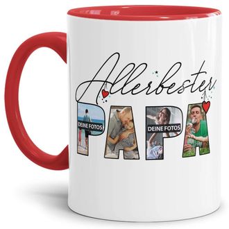 Tassendruck Fototasse mit Spruch - Allerbester Papa - zum Selbst gestalten mit Foto-Collage f&uuml;r 4 Fotos, Innen & Henkel Rot, 300 ml
