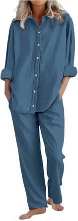 Generic Tenues 2 pièces pour femmes, survêtements pour femmes, grande taille, chemisiers boutonnés à manches longues et pantalon droit avec poches, vêtements 