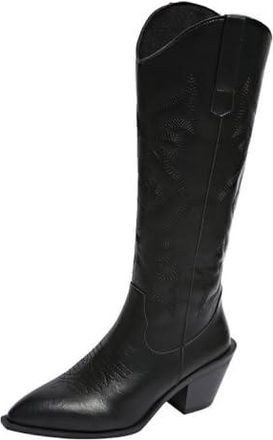 Generic Bottes Montantes pour Femmes Confortables Bottes De Cowboy en Cuir Brodées Talon Large Et Dissimulé Moderne Talon Moyen Et Bout Pointu, Élégantes pour
