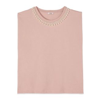 Oltre Baumwoll-T-Shirt mit Perlen - - Tops - Damen - Rosa - 2XL