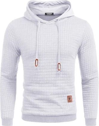 Coofandy Sweat à Capuche Homme Hipster Gym Manches Longues Sweat de Travail à Cordon Pull Jacquard à Carreaux Hoodie Blanc XXL