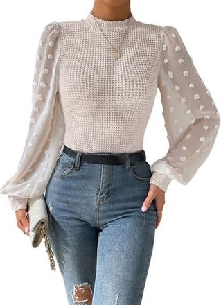 TOMWELL Haut Femme Chic &Eacute;l&eacute;gant Chemise &agrave; Manches Longues Col V T-Shirt Sexy en Dentelle Imprim&eacute; D&eacute;contract&eacute;e Pas Cher Blouse Chemisier Tops Tee Shirt Casual 