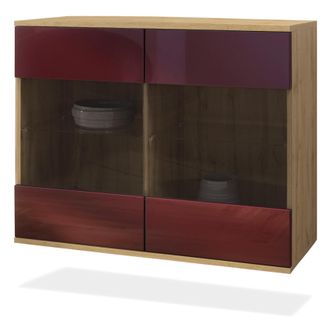 Vladon Kommode Bari V3, Moderner Küchenschrank mit 2 großen Glastüren Eiche Evoke/Bordeaux Hochglanz (92,5 x 73.5 x 35)