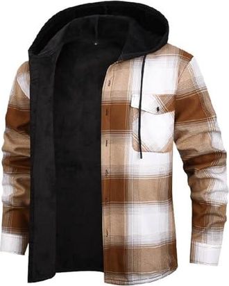 Generic Veste à capuche pour homme avec doublure en polaire à carreaux et manches longues boutonnée pour lautomne Winte, kaki, 3XL