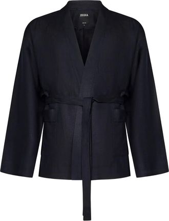 Ermenegildo Zegna haut de pyjama en lin à taille ceinturée - Bleu