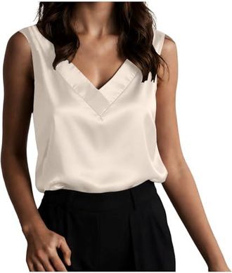Generic D&eacute;bardeurs en satin Femme Brillance Tank Top El&eacute;gant Haut sans Manches Blouse Mode D&eacute;bardeur en Col en V Basiques T-Shirt D&eacute;contract&eacute; Aspect Soie Chem