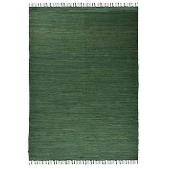 THEKO Dhurry Happy Cotton Tapis tissé Plat en 100% Coton, tissé à la Main, Lavable, utilisable des Deux côtés, 160 x 230 cm, Vert foncé