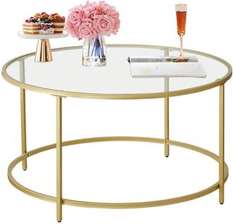 Vasagle Meuble de Salon en Verre, Table Basse Salon, Cadre en Acier, Table Basse Ronde, Table de Salon, Dor&eacute;