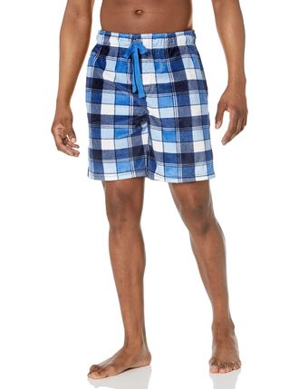 Izod Herren Lite Touch Fleece-Schlaf-und Lounge-Shorts Pyjamaunterteile, Blau/Wei&szlig; kariert, L
