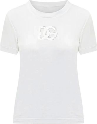 Dolce & Gabbana Femme, Tops, Blanc, Taille: 38 FR T-shirt Logo Orn&eacute;