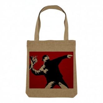 Fabulous Sac Shopping Tote Bag Aspect Lin - Banksy Rage The Flower Thrower Street Art Graffiti Rouge - Sac de Courses Toile Epaisse 360g Beige Naturel Cabas Po