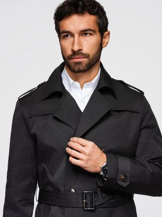 Ombre Trenchcoat Herren Trenchcoat Slim Fit mit G&uuml;rtel Elegant Schwarz XL (kein Set, 1-tlg) Regulierbarer Tailleng&uuml;rtel mit Schnalle, Schulterklappen