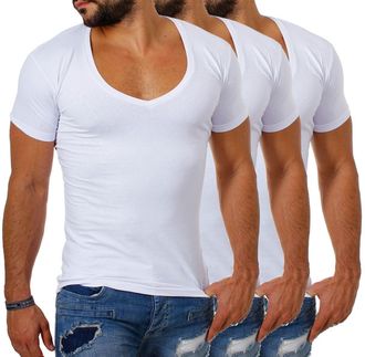 Young & Rich Herren Uni T-Shirt mit extra tiefem V-Ausschnitt Slimfit deep V-Neck Stretch dehnbar Basic Shirt 1315, Gr&ouml;sse:3XL, Farbe:Wei&szlig; - 3 St&uuml;ck