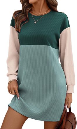 OLIPHEE Kleid Damen Elegant Rundhals Farbblock Casual Kleider Damen Langarm mit Taschen Midikleid Damen Freizeitkleider Sommer Damenkleider Frühling mit Rippe