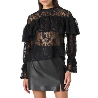 The Drop Miriam Feminine Ruffle Yoke Shine Blouse Blusen, Schwarz, XXL