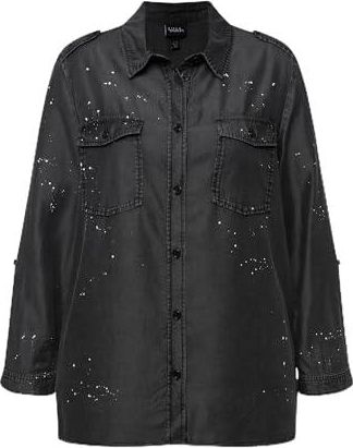 Ulla Popken Femme Grandes Tailles Chemisier en Jean à Manches Longues. Délavage Acid Washed. Col Chemise. Jean Gris 46+ 830523905-46+