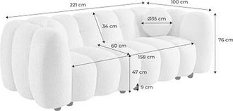 Sweeek Canap&eacute; 3 Places Coquillage en Bouclette Blanc L 221 x P 100 x H 76cm - Perla