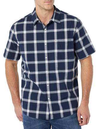 Amazon Essentials Herren Kurzarm-Hemd aus Stretch-Popeline (in &Uuml;bergr&ouml;&szlig;en erh&auml;ltlich), Marineblau Wei&szlig; Buffalokaros, XXL