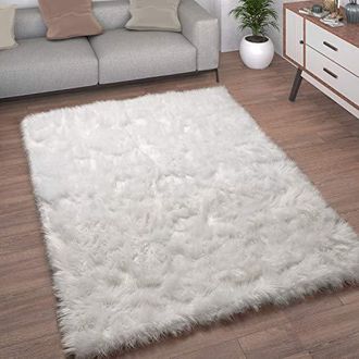 Paco Home Tapis De Salon Fausse Fourrure Imitation Shaggy Coussins De Sol Forme Coeur Rond, Dimension:60x100 cm, Couleur:Blanc