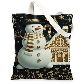 Generic Sacs fourre-tout en toile motif bonhomme de neige dhiver, sacs d&eacute;picerie r&eacute;utilisables, vintage, l&eacute;gers, lavables, noir, 13x15 Inch