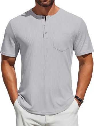 Coofandy Henley T-Shirt f&uuml;r Herren Kurzarm Geripptes Sommer T Shirt mit Tasche Knopfleiste Casual Tee Hellgrau XXL