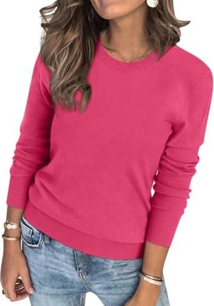 Minetom Pull Femme Hiver Chic Pullover Col Rond Chaud Sweater Vintage Pulls Tricot À Manches Longues Tops Casual Chandail Automne A Rose Rouge XL