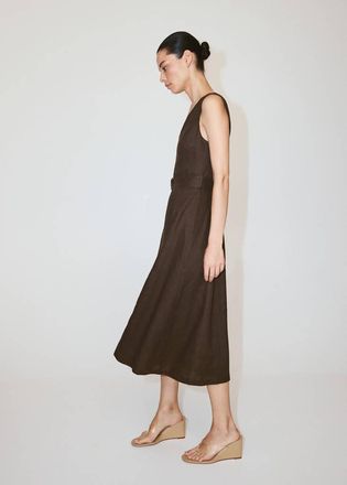 Mango Robe midi en lin avec ceinture chocolat - Femme - XXS - MANGO
