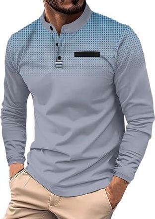 Generic Polo pour homme &agrave; manches longues et col en V en coton - T-shirts basiques &agrave; boutons - Coupe droite, gris, M