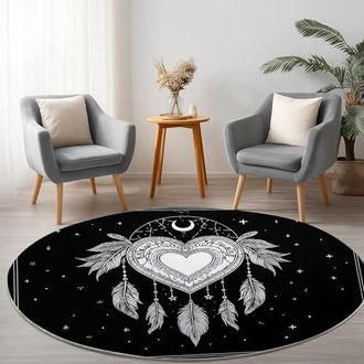 Generic Noir Tapis Rond Minimalist - 120 cm Lavable Doux et antid&eacute;rapant Tapis, Lune &Eacute;toiles Plumes Impression pour Chambre &agrave; Coucher Salon Vestibule entr&eacute;e C
